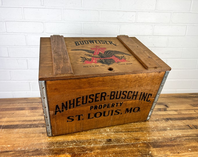 Vintage Wooden Budweiser Crate Box With Hinged Lid Brown Old Wood Beer ...