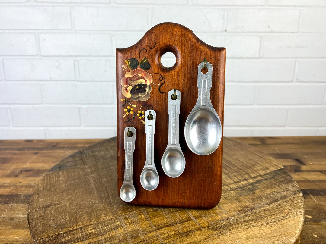 Vintage Wood Measuring Spoon Holder for Wall With Hand Painted Flowers ...