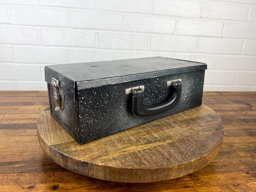 Vintage Speckled Black Metal Box With Handle Industrial Storage Metal ...