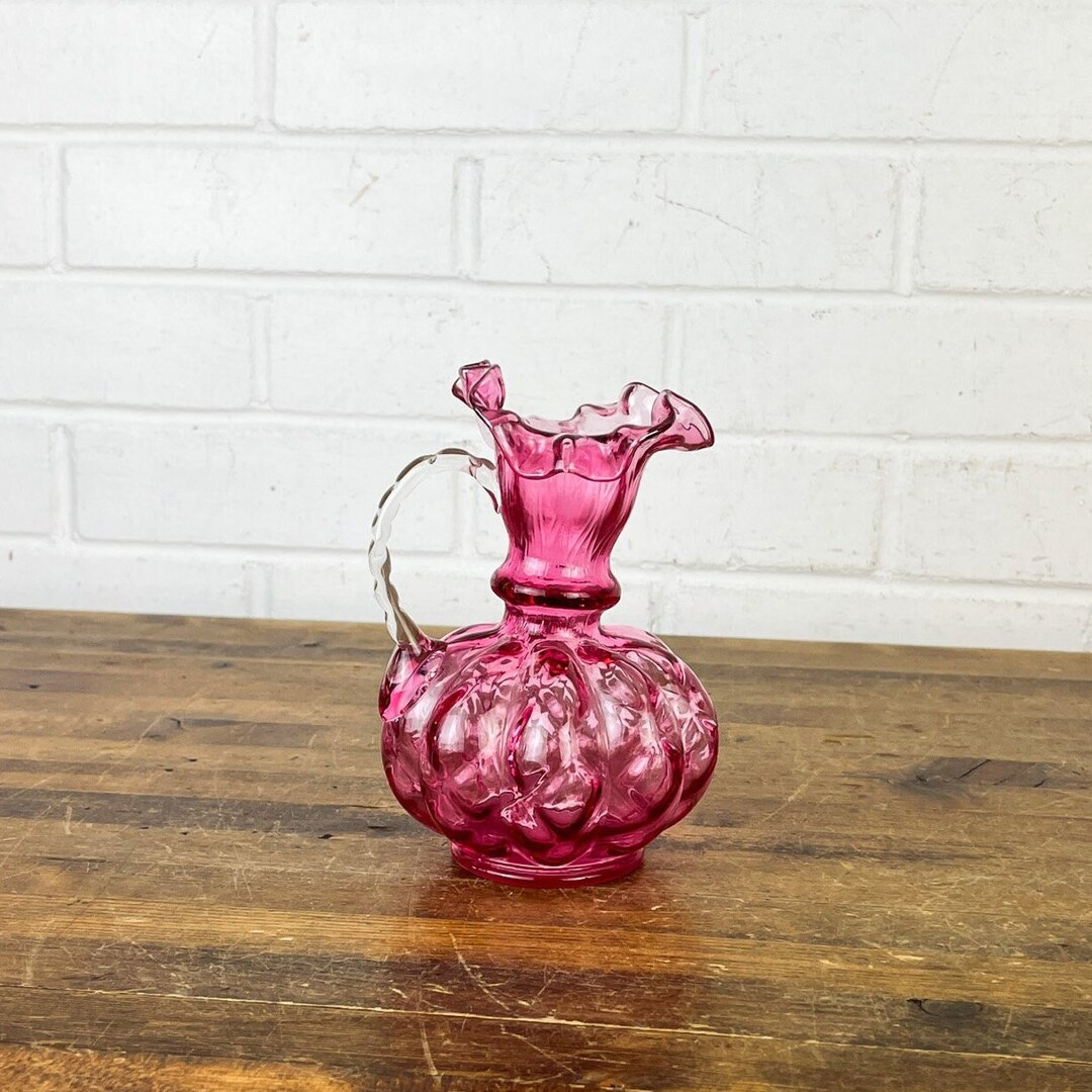 Vintage Fenton Small Ruffled Melon Vase Cranberry With Clear Handle ...