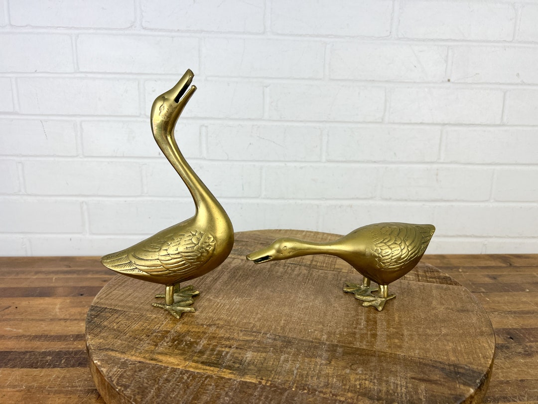 Set of 2 Vintage Brass Goose Figurine Gold Metal Geese Pair Mom and Dad ...