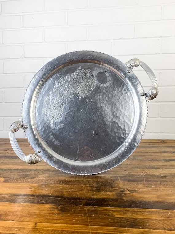 Mid Century Modern Shiny Silver Round Serving Tray with Handles ...