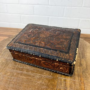 Vintage Faux Leather Covered Box With Lid and Coat of Arms Small Brown ...