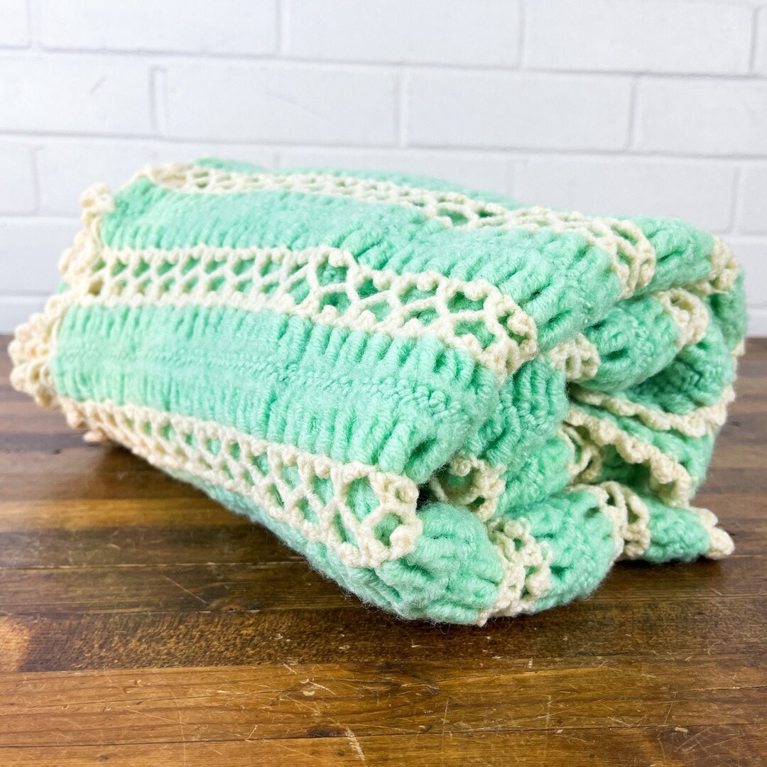 Afghan Authentic Vintage Homemade Throw Blanket Green and Cream ...