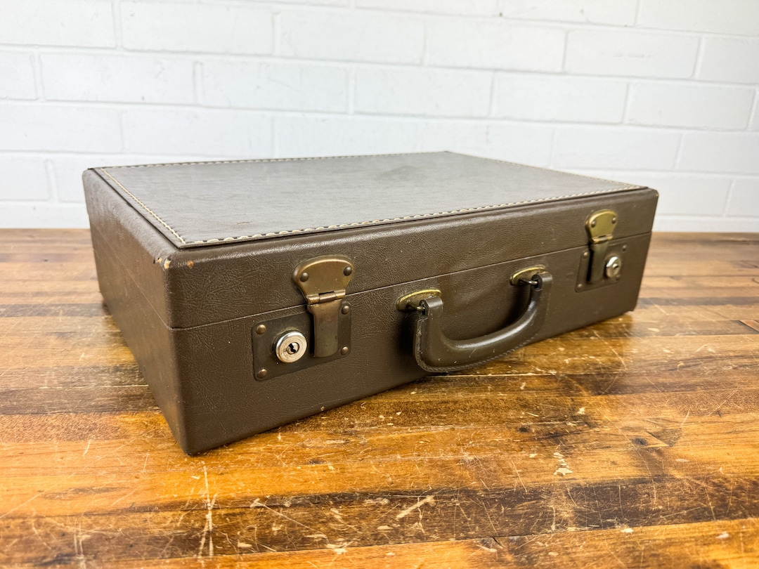 Distressed Brown Vintage Briefcase Box With Red Interior and Gold Metal ...