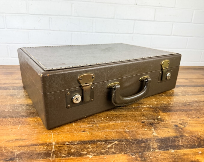 Distressed Brown Vintage Briefcase Box With Red Interior and Gold Metal ...