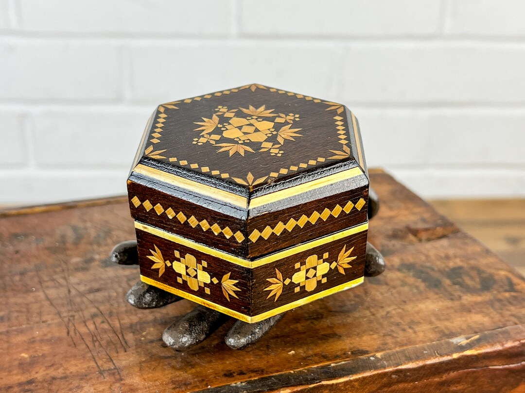 Small Wooden Box With Lid and Red Interior Vintage Handmade Hexagon Box With Wood Inlay Wood Box ...
