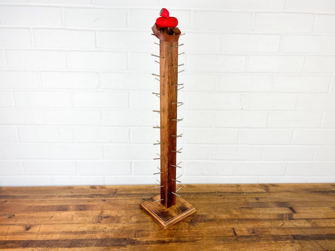 24" Vintage Handmade Wooden Thread Spool Storage Pedestal With Pin ...