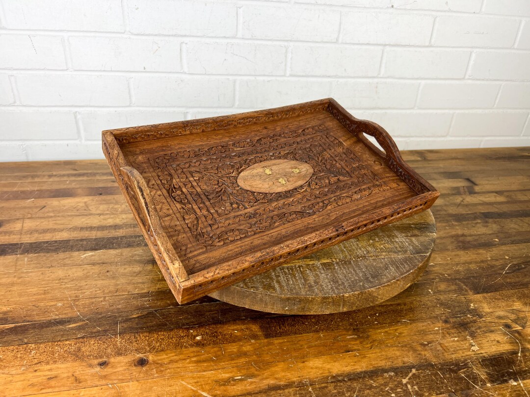 Vintage Carved Wood Rectangle Tray With Flowers and Floral Brass Inlay ...