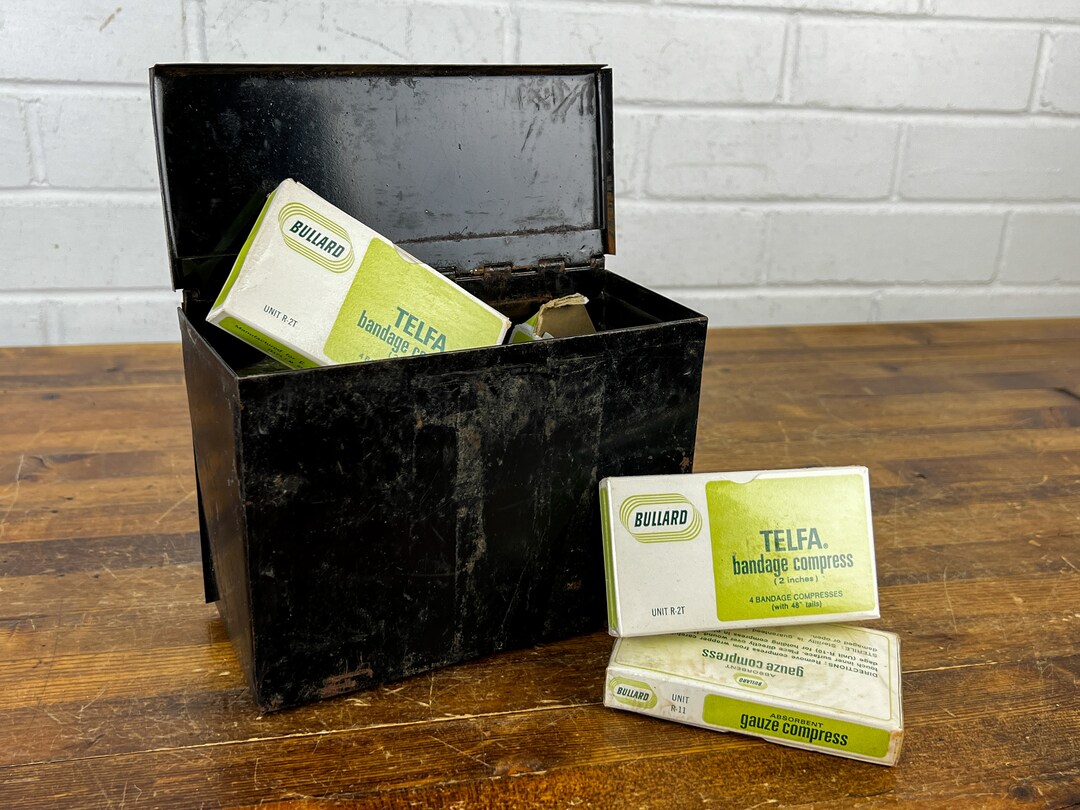 Vintage Black Metal First Aid Kit Box Small Distressed Black Metal Box ...