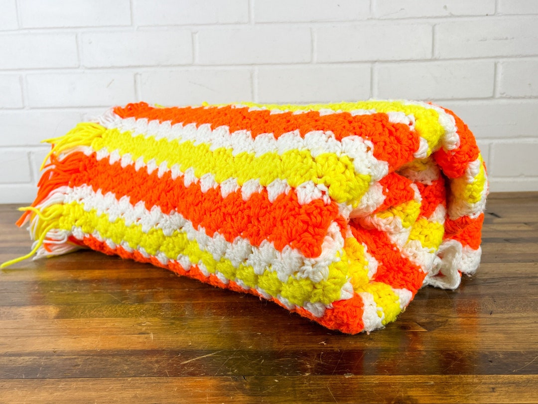 Vintage Neon Afghan Authentic Homemade Throw Orange, Yellow, and White ...