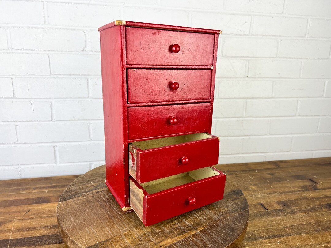 14" Vintage Red Cabinet With 5 Drawers or Jewelry Box Doll Size Chest ...