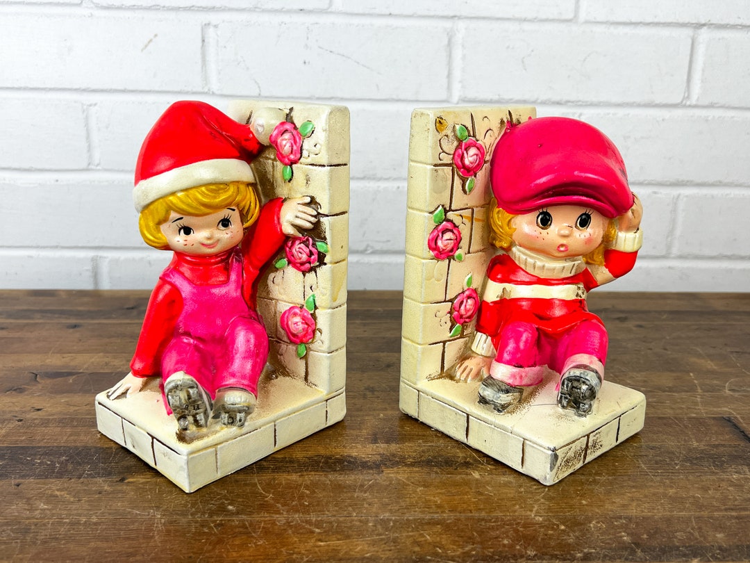Vintage Pink Boy and Girl Bookends Decorative Bookends With Roses and ...