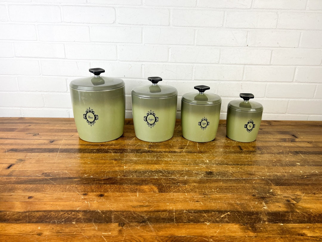 4 Piece Vintage Sage Green Metal Canister Set West Bend Kitchen ...