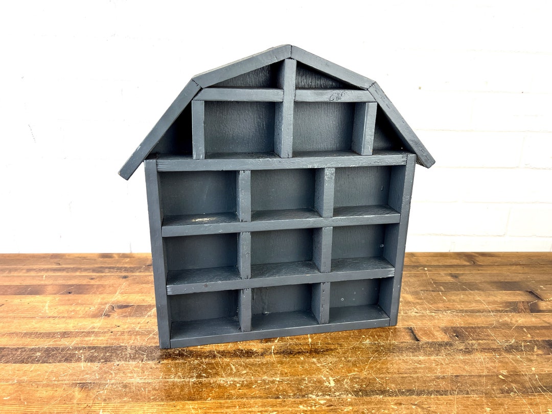 14x14" Vintage Gray Knick Knack Shelf House Shape Wooden Display Shelf ...