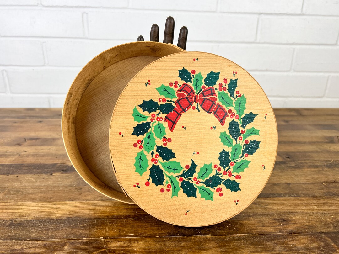 Vintage Round Wood Christmas Box With Lid Green and Red Brown Cheese ...
