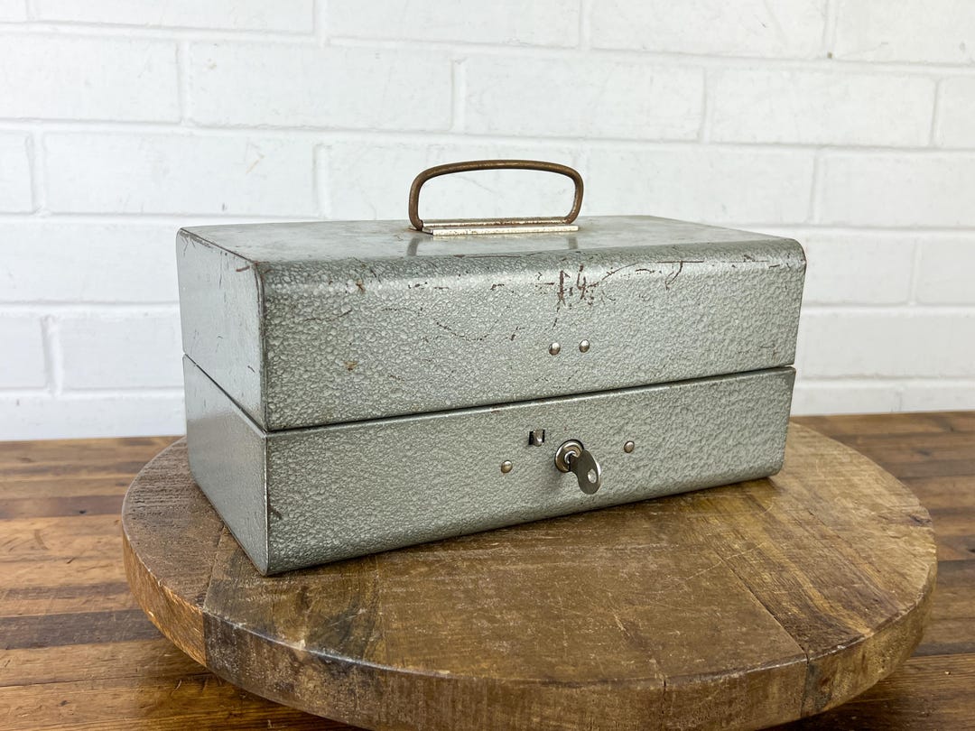 Locking Vintage Gray Metal Box With Key Cash Box With Removable Coin ...
