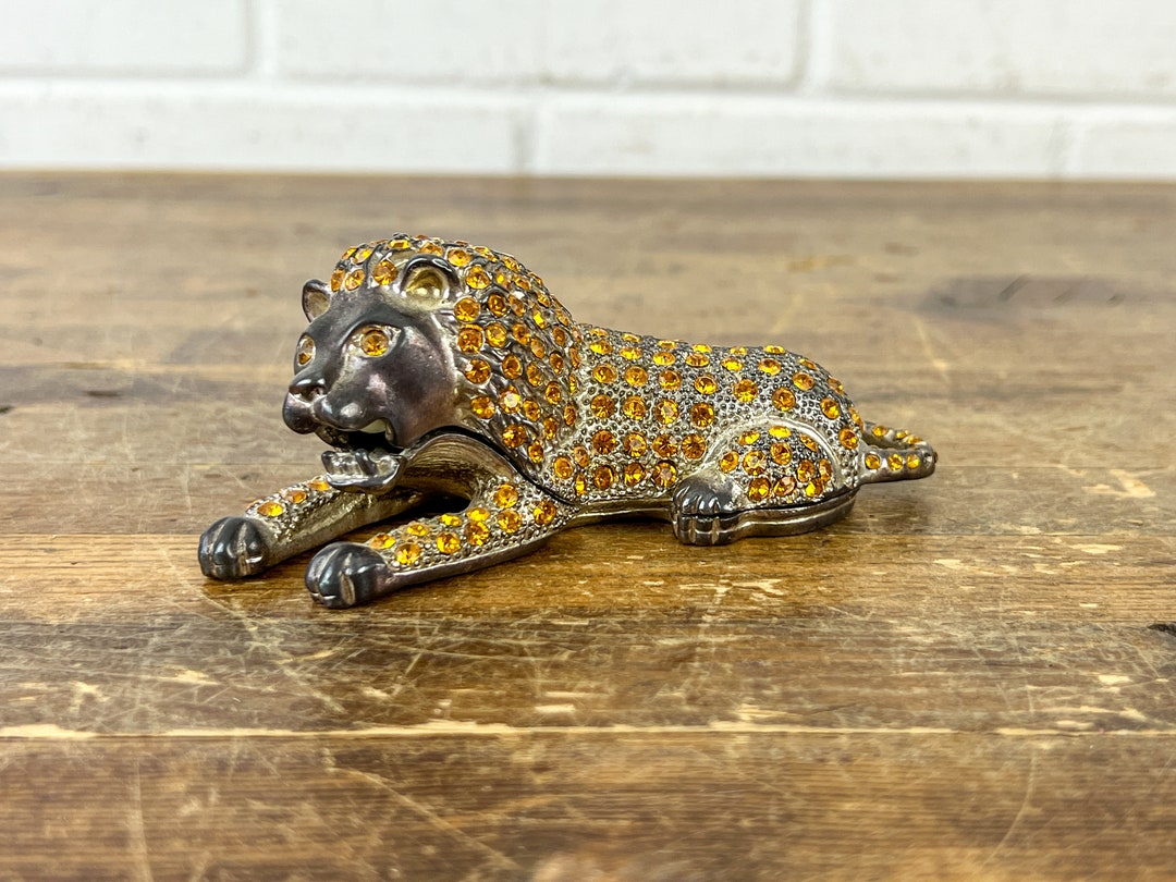 Vintage Lion Figurine Trinket Box With Amber Gemstones Yellow Lion ...