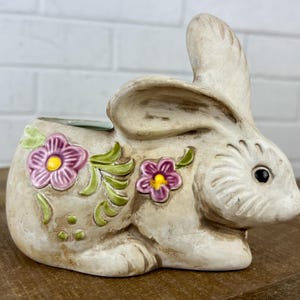 Vintage Ceramic Rabbit Planter With Purple Flowers Beige Inarco Bunny ...