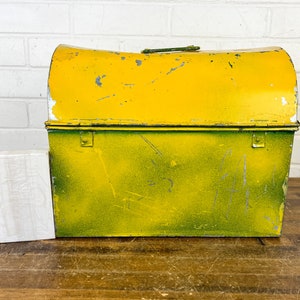 Vintage Yellow Distressed Metal Box With Dome Lid and Handles ...