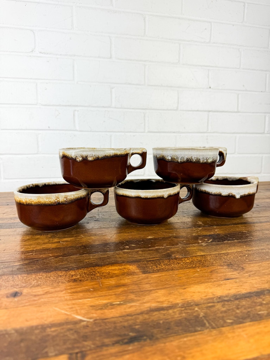 Set of 5 Vintage Stoneware Soup Mugs Western Stoneware Dripware Mugs ...