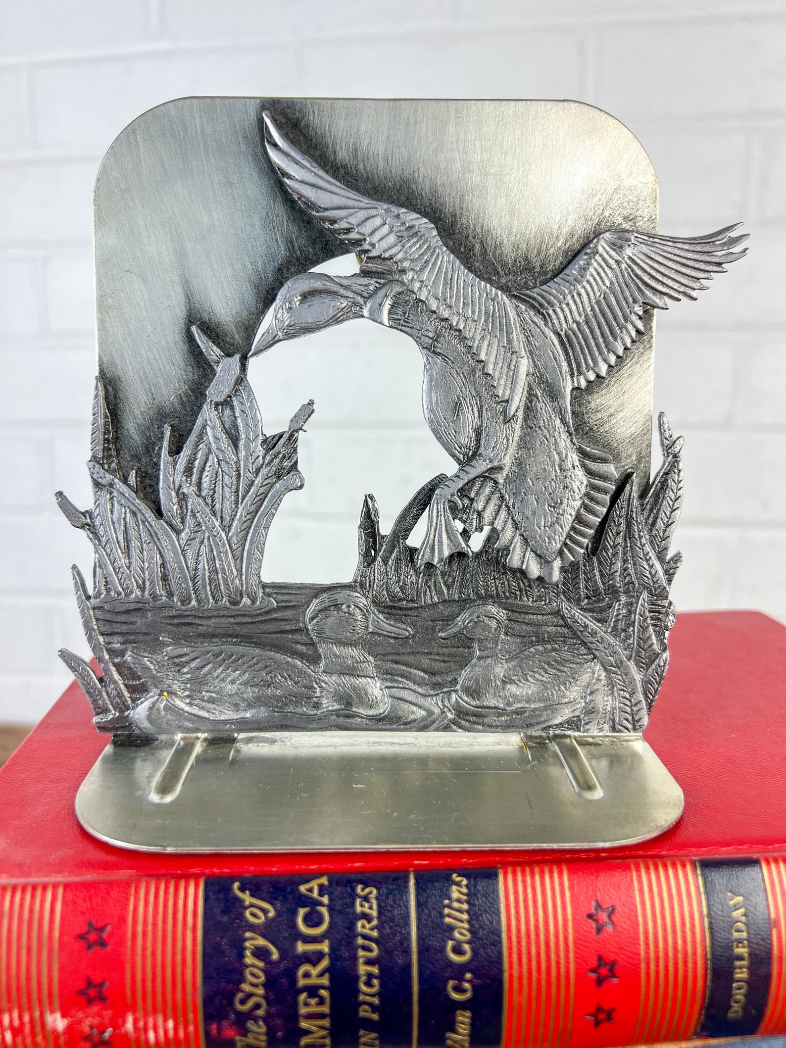 Pair of Vintage Pewter Duck Bookends Matching Set Silver Bookends Book ...