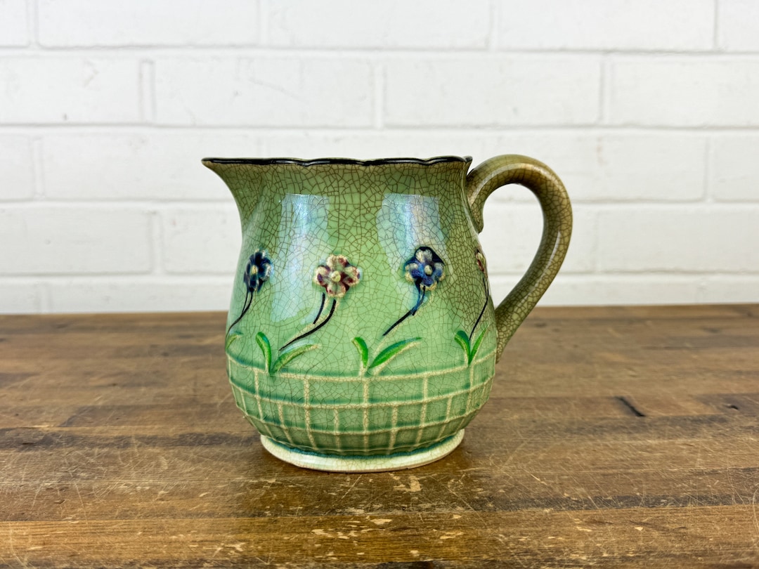 Vintage Floral Ceramic Pitcher Vase With Amazing Crazing Decorative ...