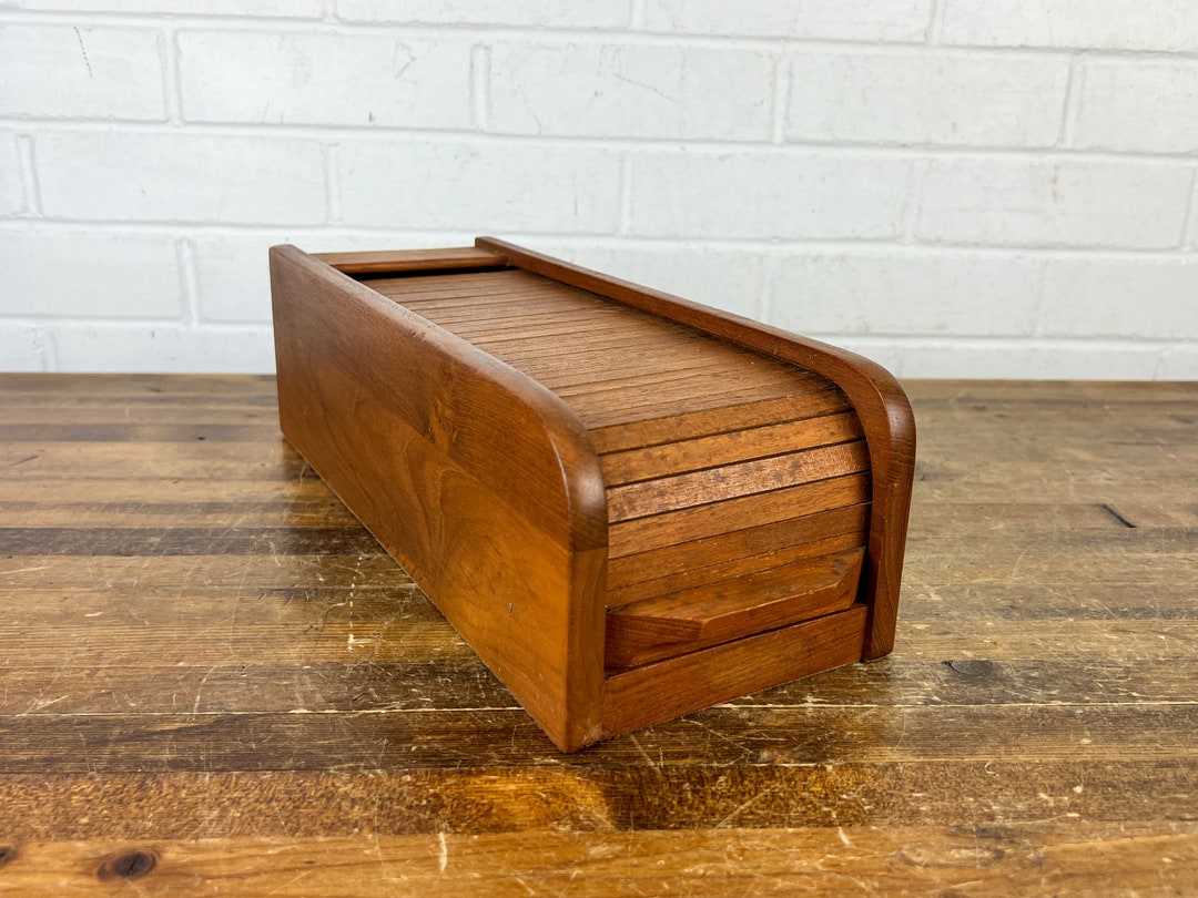 Vintage Teak Wood File Box With Roll Top Lid Old Brown Wooden Desktop ...