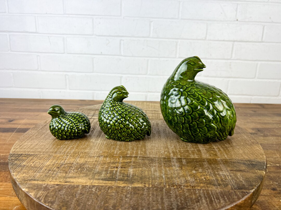 Set of 3 1970s Green Ceramic Quail Figurines Family of Birds Retro ...