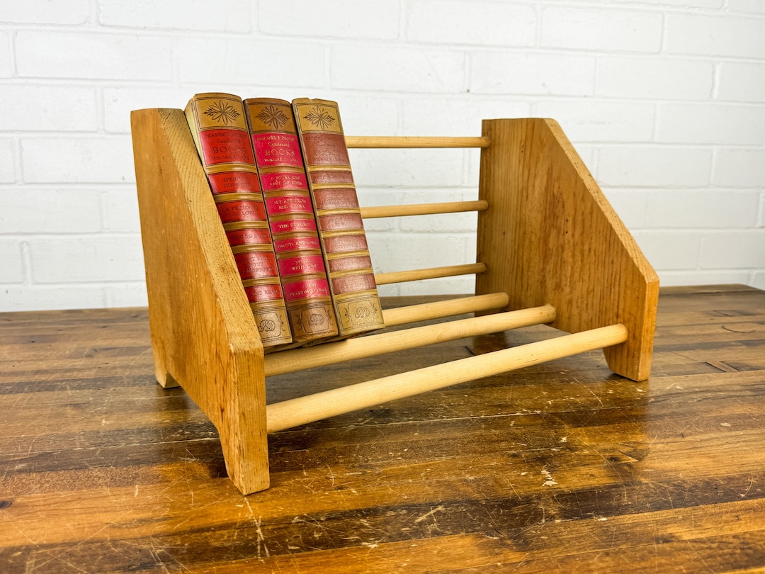 Vintage Brown Wooden Book Stand Storage Rack Tabletop Book Stand Wooden ...