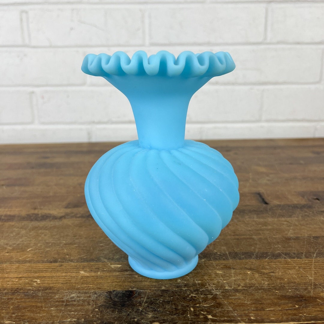 Vintage Fenton Mist Blue Frosted Satin Glass Swirled MCM Vase Authentic ...