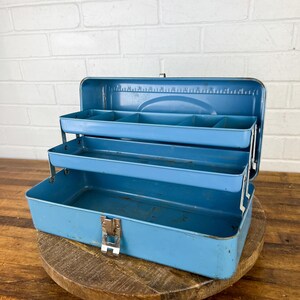 Vintage Smoky Blue Metal Tackle Box With Tray Old Fishing Gear Metal ...