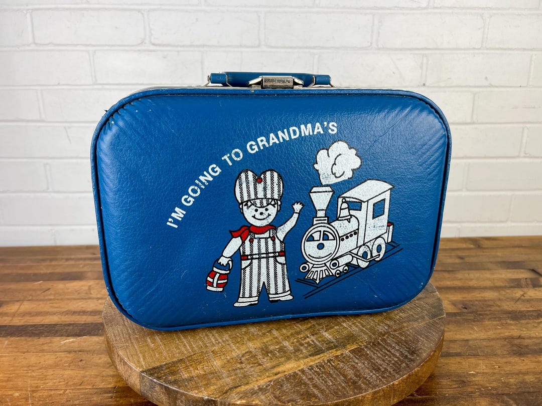 Vintage Going to Grandmas Small Blue Suitcase With Boy Train Engineer ...