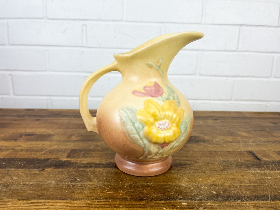 Small Hull Magnolia Pottery Pitcher Floral Vase Vintage Yellow Pink ...