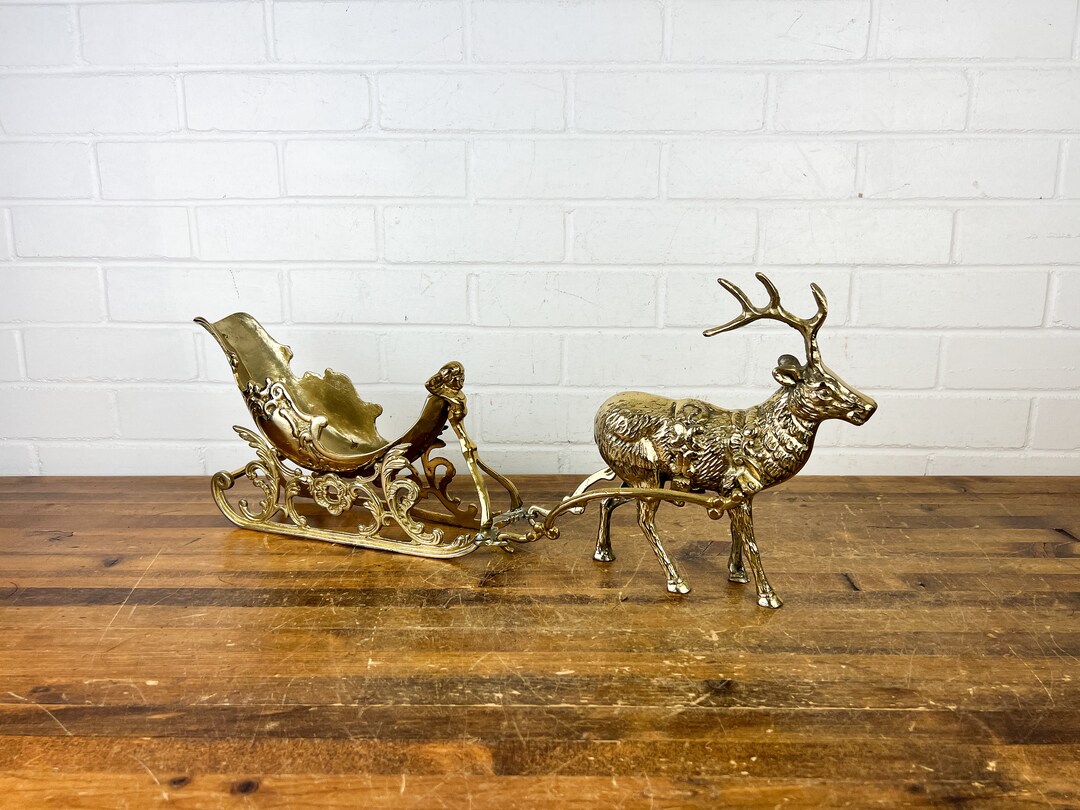 24 Wide Vintage Brass Sleigh With Reindeer Large Gold Sleigh Bowl for ...