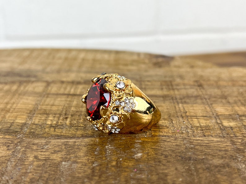 Large Vintage Costume Jewelry Gold Ring With Red Gemstone and - Etsy