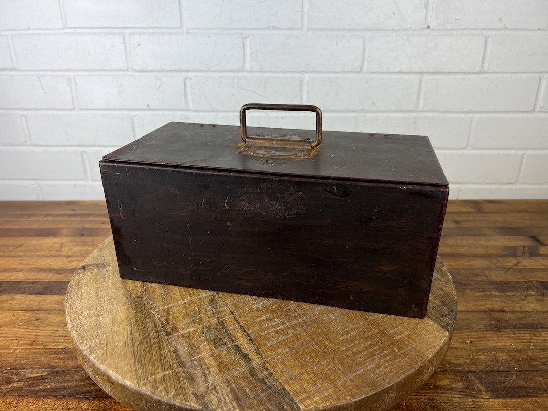 12x6" Vintage Black Metal Box With Red Interior Old Lock Box to Display ...