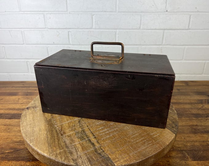 12x6" Vintage Black Metal Box With Red Interior Old Lock Box to Display ...
