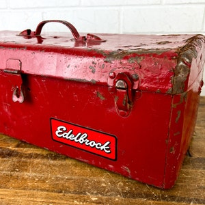 Vintage Distressed Red Metal Box With Lid and Tray Old Edelbrock Metal ...