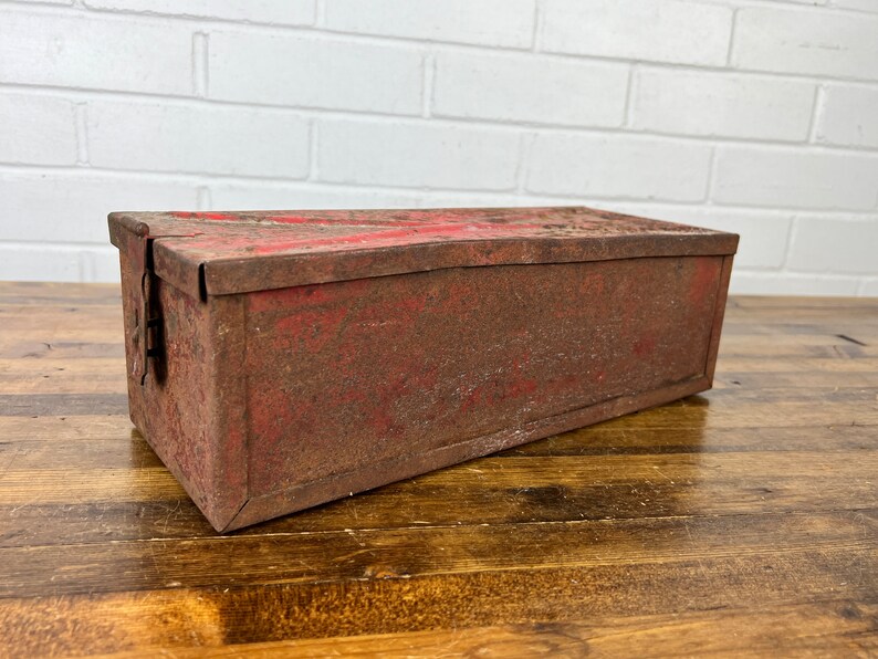 Vintage Distressed Red Metal Box With Top Hinged Lid Latch and - Etsy