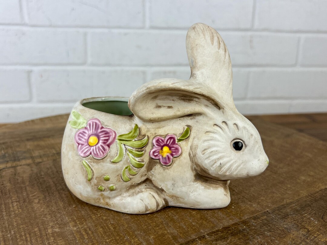 Vintage Ceramic Rabbit Planter With Purple Flowers Beige Inarco Bunny ...