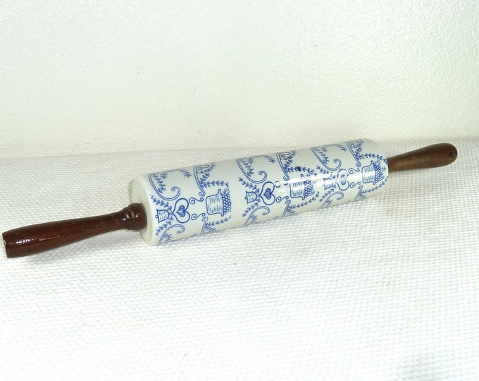 Vintage Blue and White Ceramic Rolling Pin With Dark Wooden Handles - Etsy