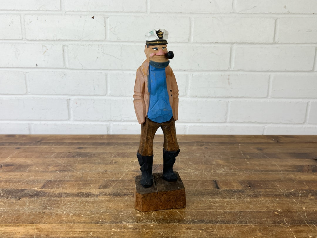 Vintage Hand Carved Wooden Sailor Boat Captain Ship Nautical Folk Art Carved Wood Art Carving ...