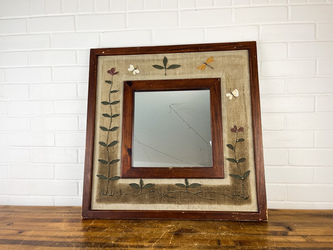 25" Vintage Wood Hanging Wall Mirror With Faux Wicker and Insects Wall ...