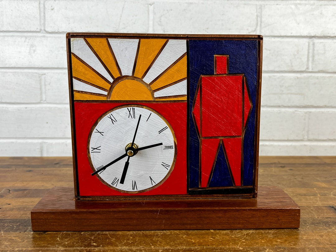 Unique Handmade Wooden Clock With Sun Person Outline in Blue Red Yellow ...