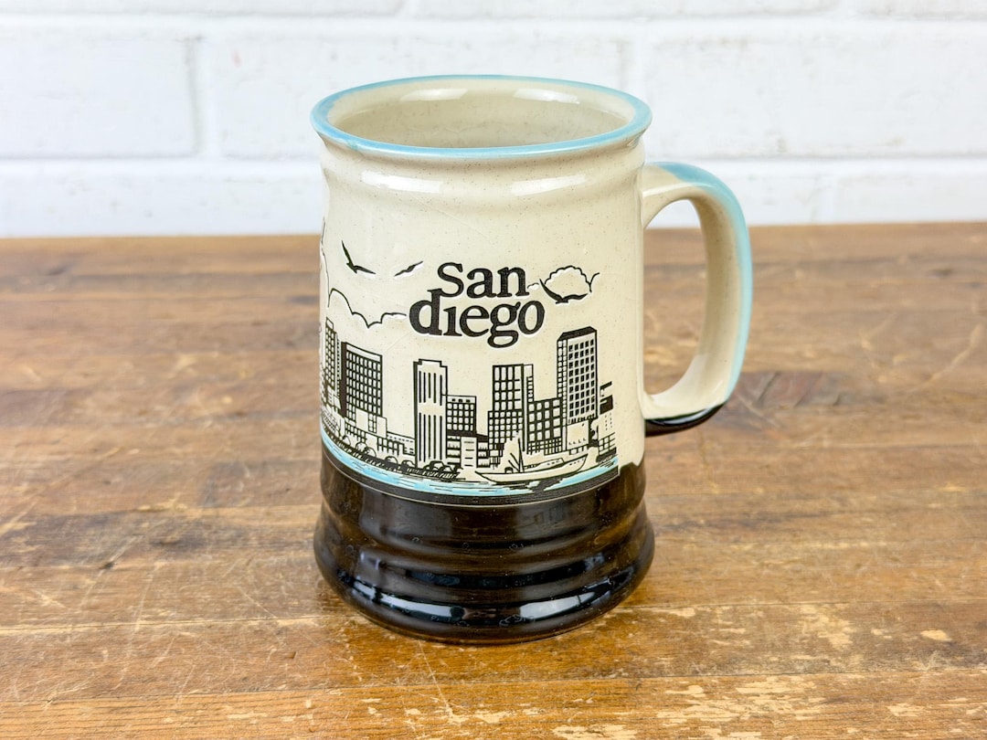 Vintage San Diego Stoneware Tankard Mug Etched Skyline Tall Heavy ...