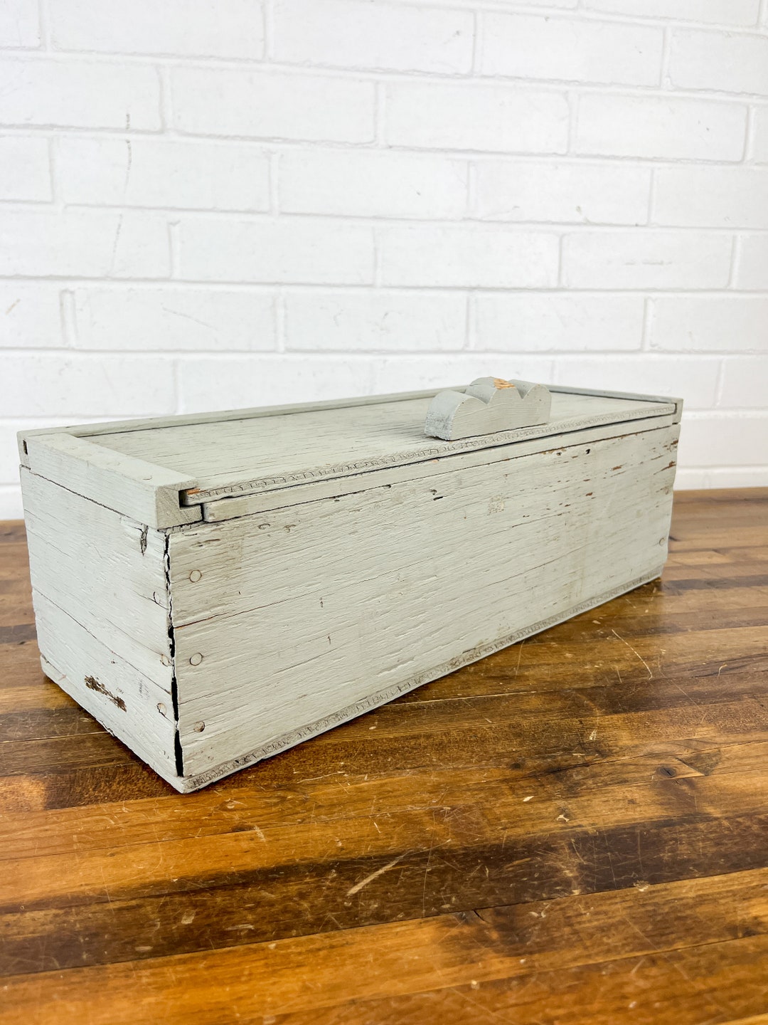 17x7" Vintage Handmade Gray Wood Box With Sliding Lid Unique Wooden ...