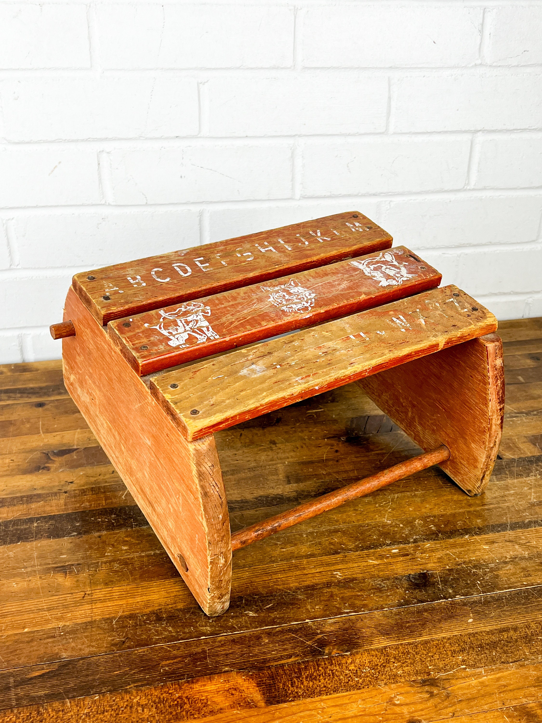 Vintage Old Red Wood Stool With Abcs and Animals Distressed - Etsy