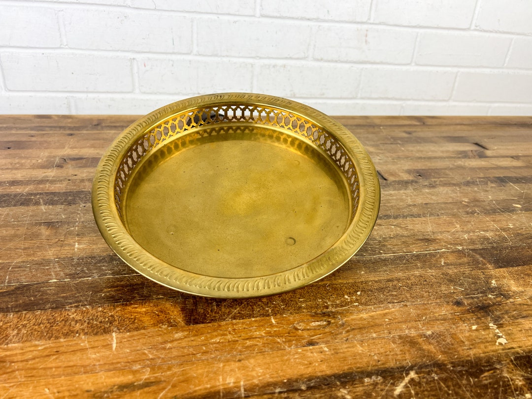 Vintage Round Brass Tray With Raised Sides and Decorative Openings on ...