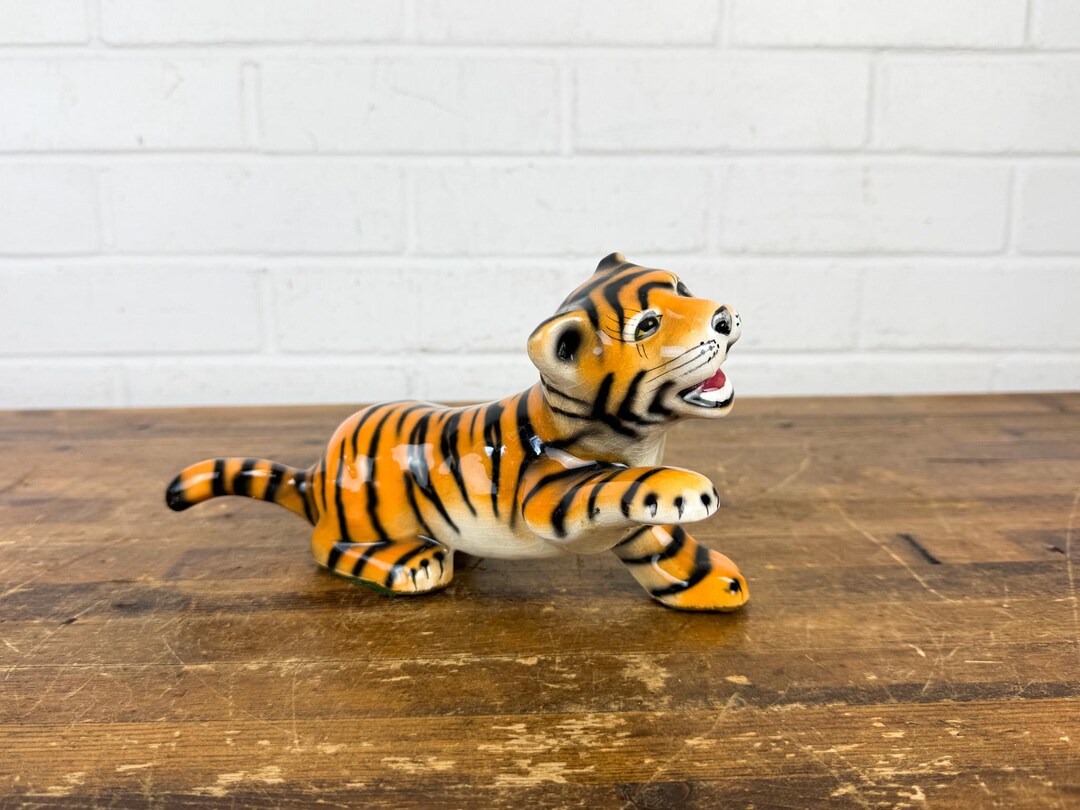 Vintage Glazed Ceramic Tiger Figurine With Crazing • Orange Black ...